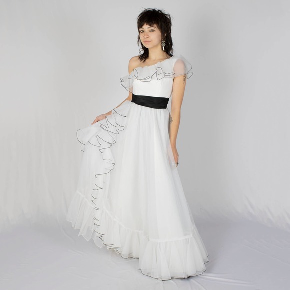 Dresses | 8s One Shoulder White Ruffle Detail Prom Dress W Black Trim ...